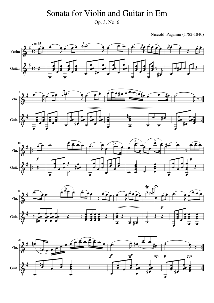 Paganini - Sonata for Violin and Guitar in Em (for Flute and Guitar) Sheet music for Violin ...