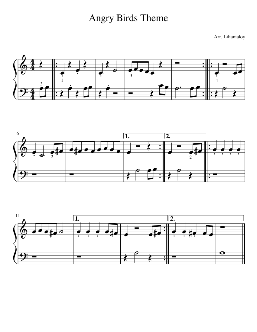 Angry Birds Theme - Ari Pulkkinen Sheet Music for Piano (Solo) easy ...