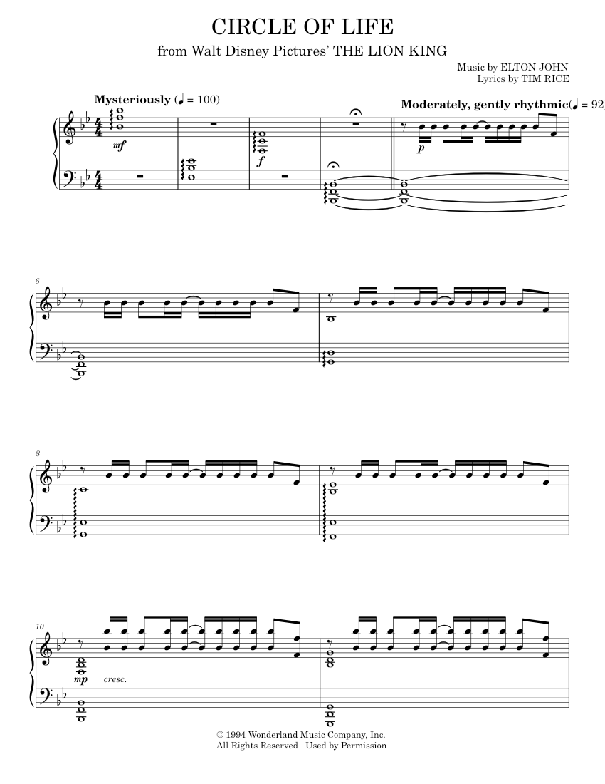 circle of life Sheet music for Piano by Elton John Official | MuseScore.com