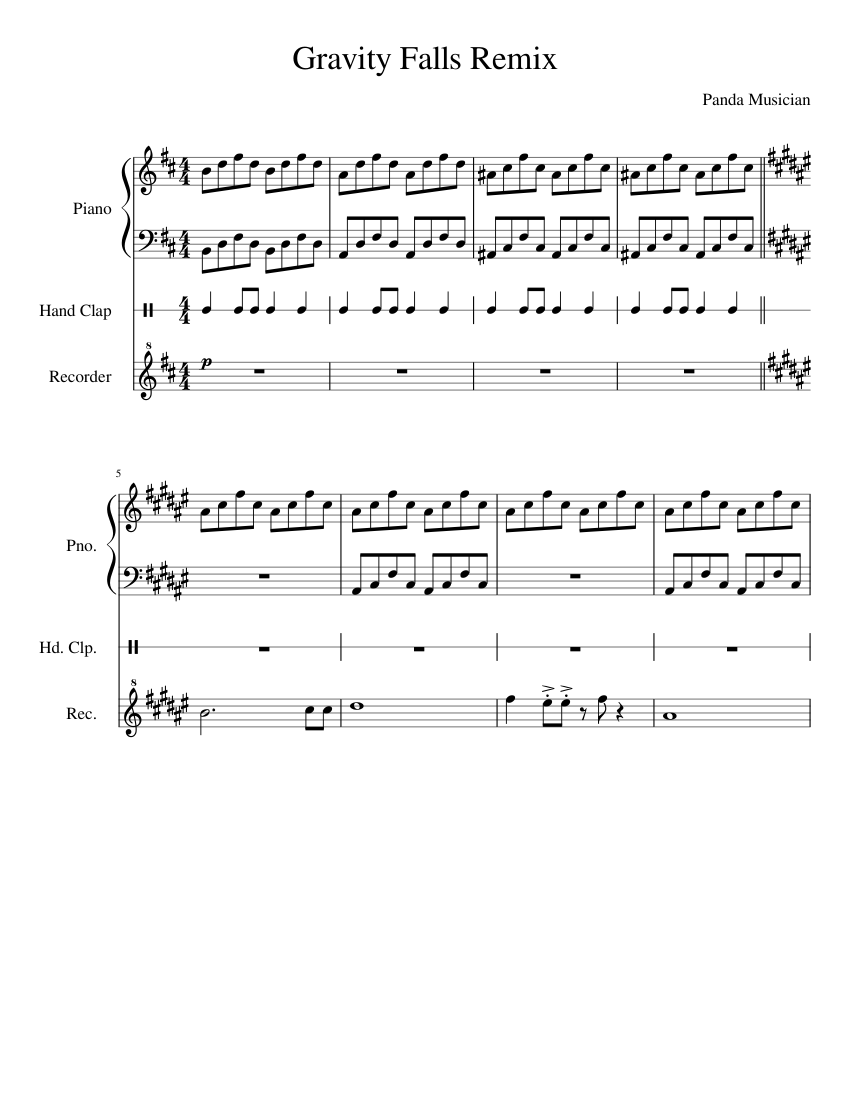 Gravity Falls Remix Sheet Music for Piano, Recorder, Hand clap (Mixed ...