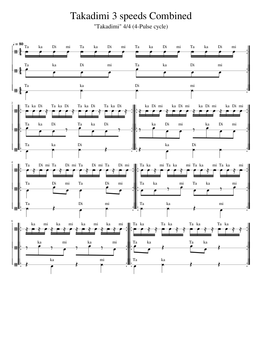 Takadimi L1a 4-4 4-pulse cycles (combined) Sheet music for Drum (Other ...