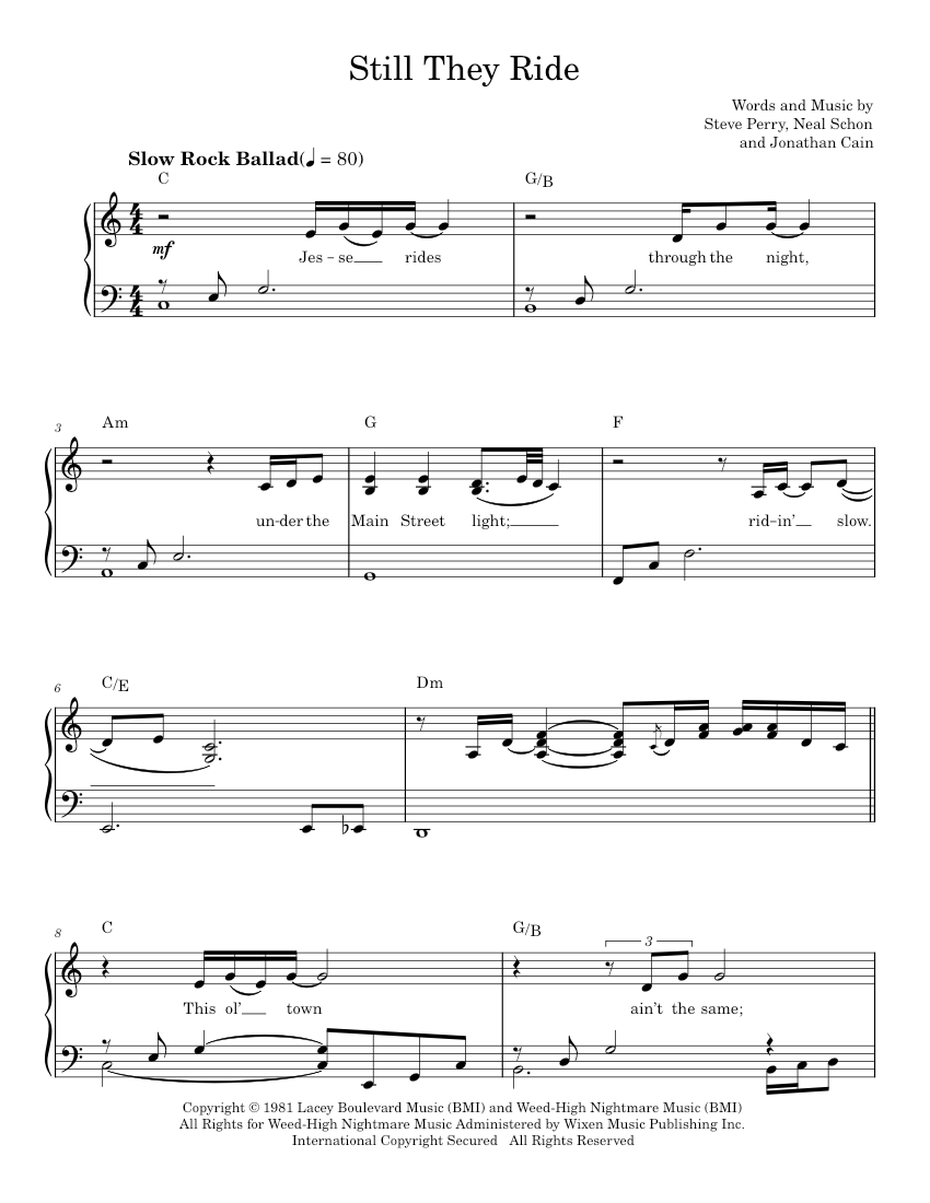 Play Official version of Still they ride sheet music by Journey for ...