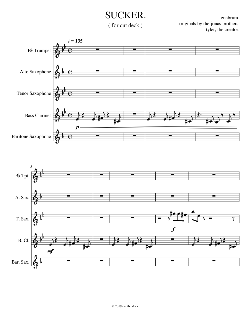 SUCKER. Sheet music for Clarinet bass, Saxophone alto, Saxophone tenor ...