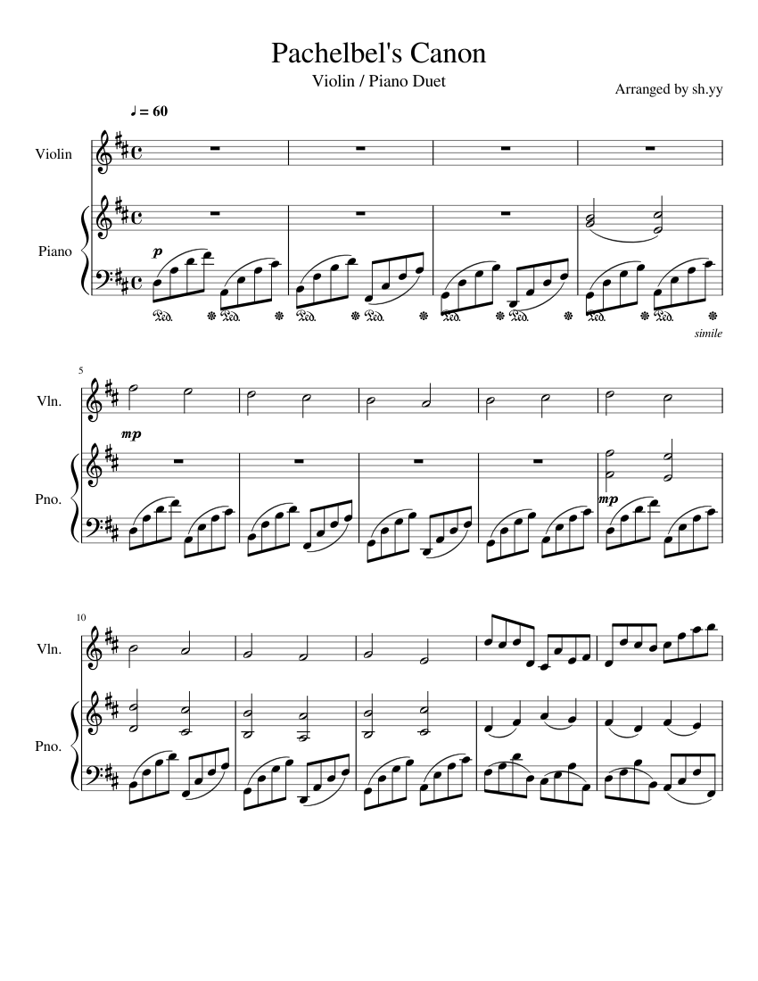 Pachelbel's Canon |DUET| Sheet music for Piano, Violin (Mixed Duet) | Musescore.com