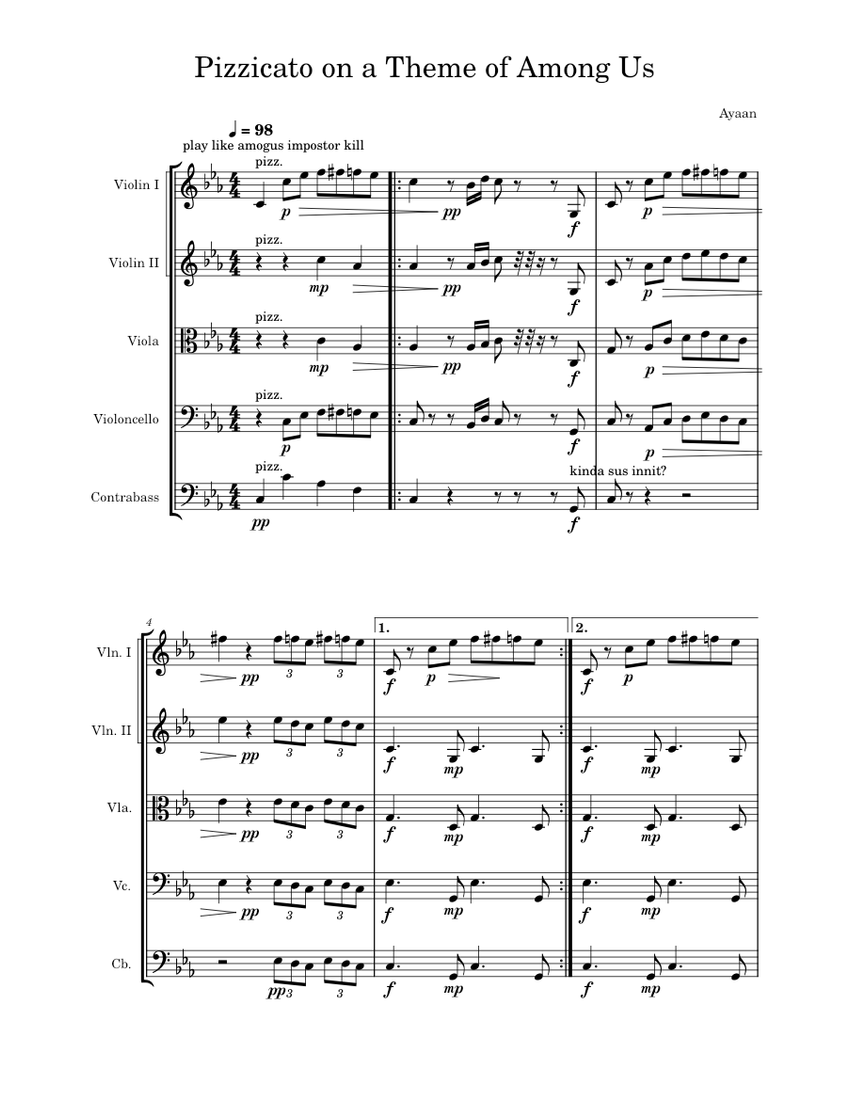 Pizzicato on a Theme of Among Us Sheet music for Contrabass, Violin ...