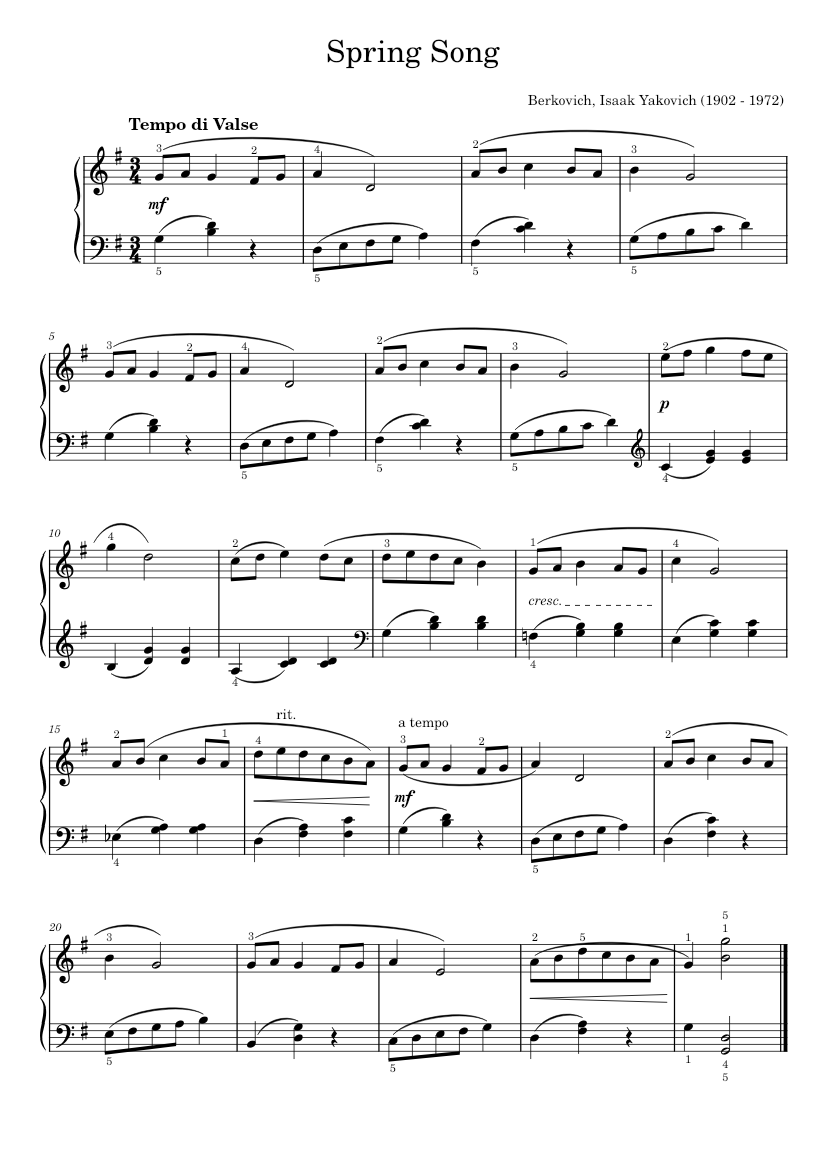 Spring Song – Isaak Berkovich Sheet Music for Piano (Solo) Easy ...