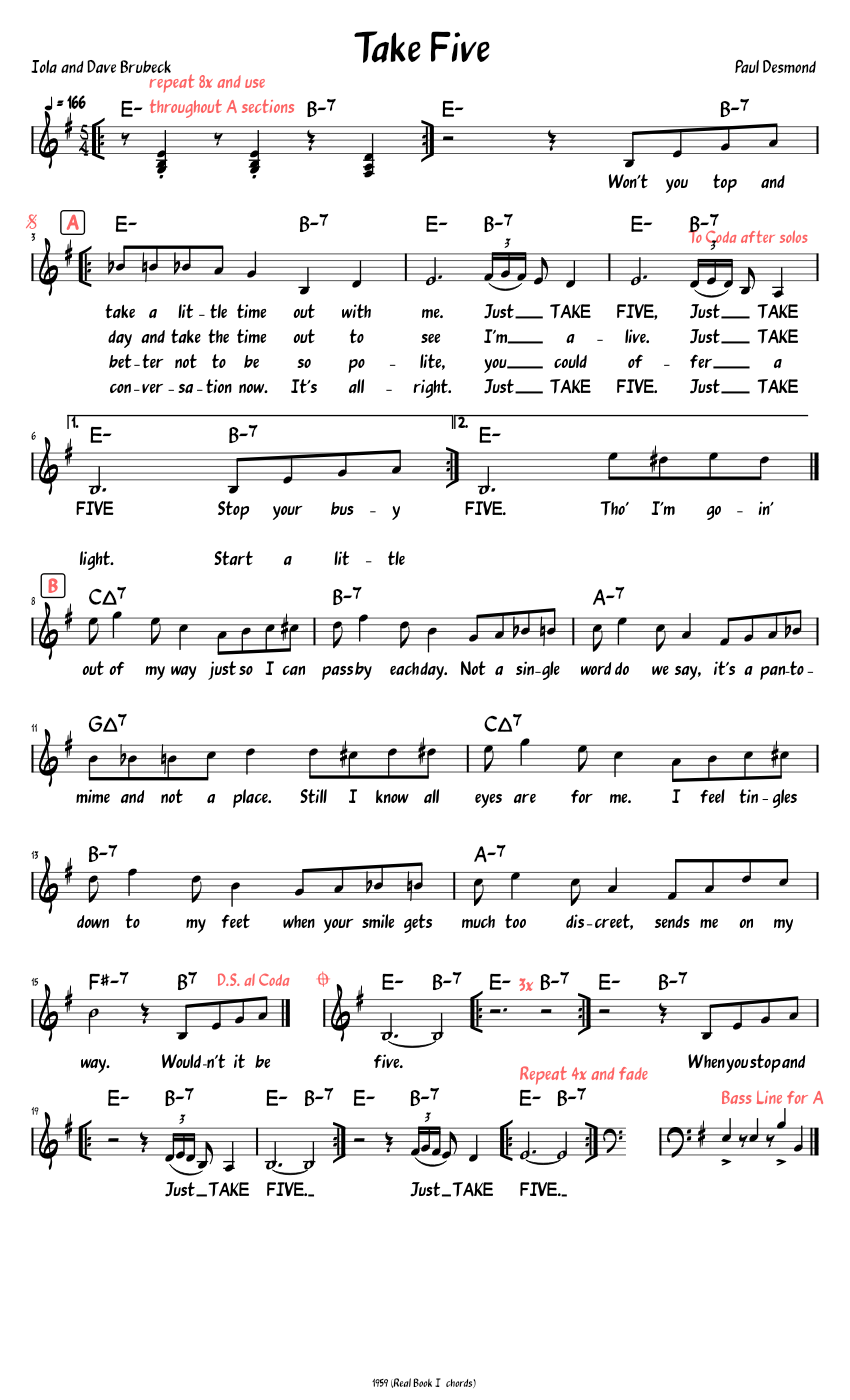 Take Five (Lead sheet with lyrics ) Sheet Music with Chords for Piano ...