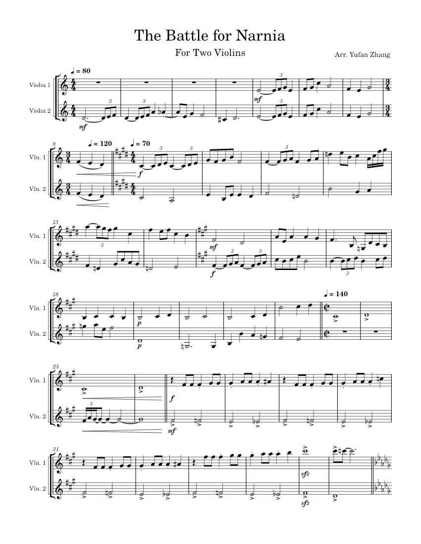 Narnia - The Battle – Harry Gregson-Williams - Violin Duet Sheet music ...
