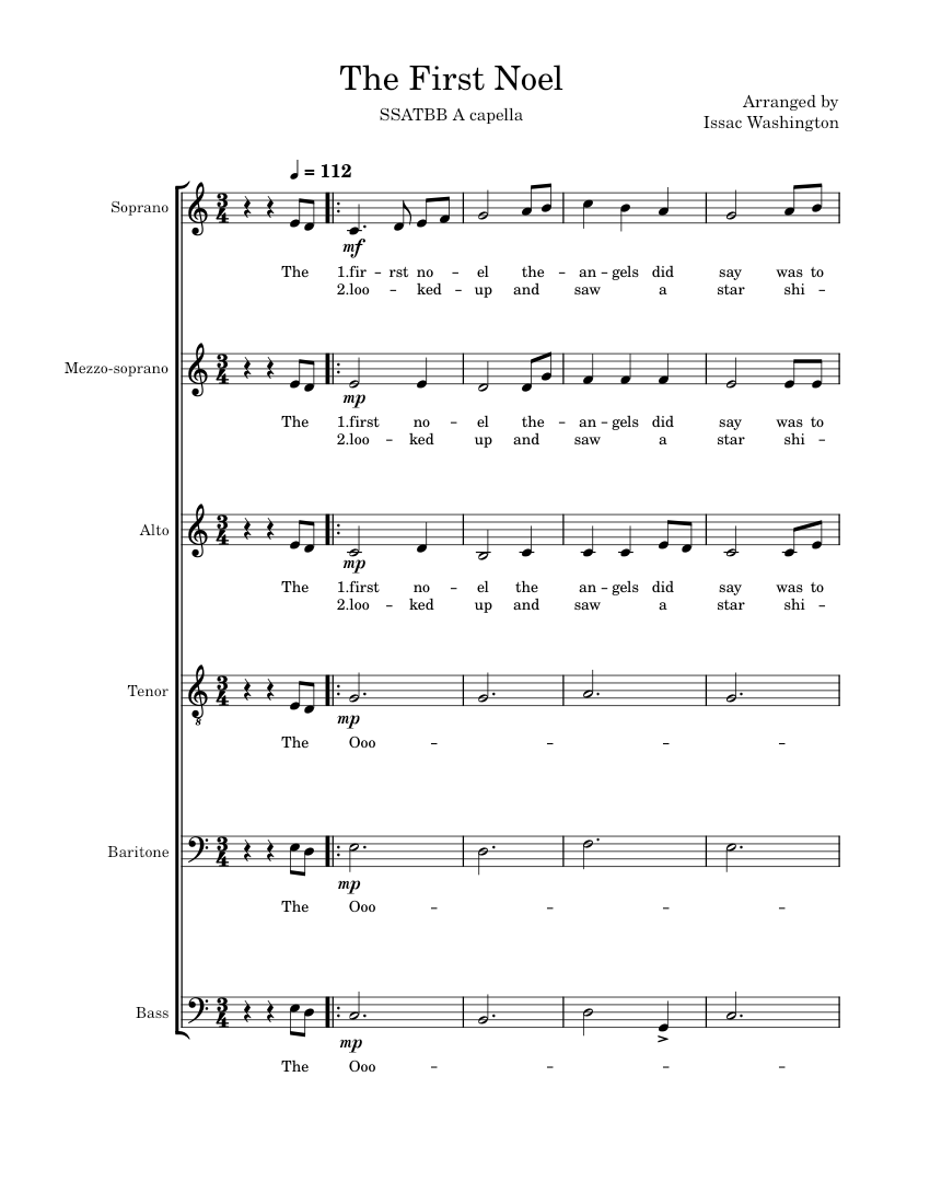 The first noel - Issac Washington Sheet music for Soprano, Alto, Tenor ...