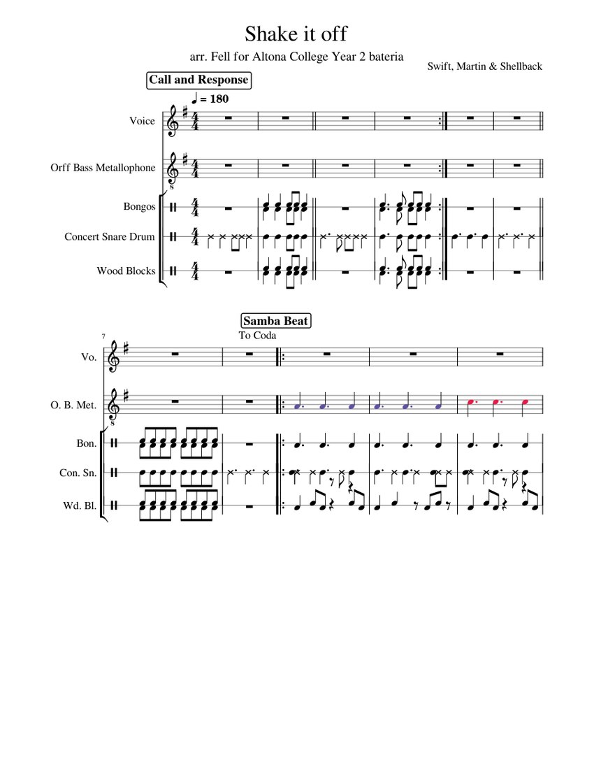 Shake It Off – Taylor Swift (for year 2 Bateria) Sheet music for Vocals ...