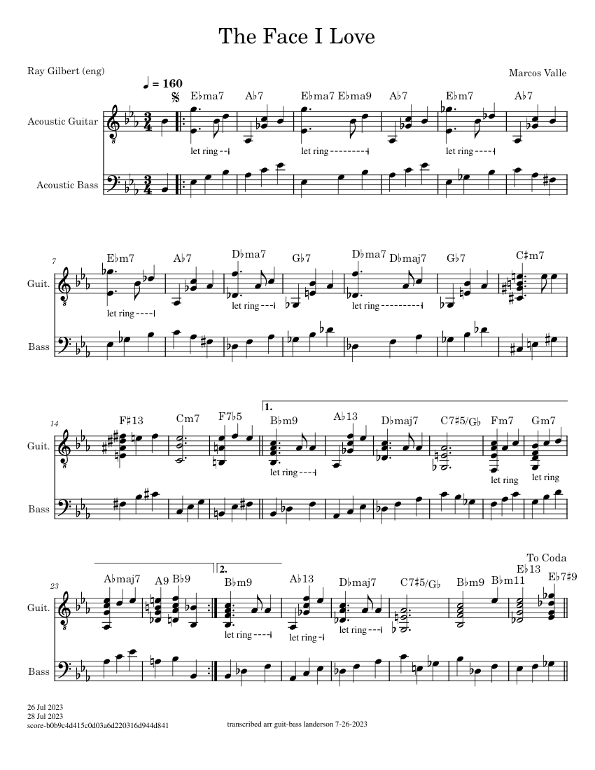The Face I Love – Marcos Valle Sheet music for Guitar, Bass guitar ...