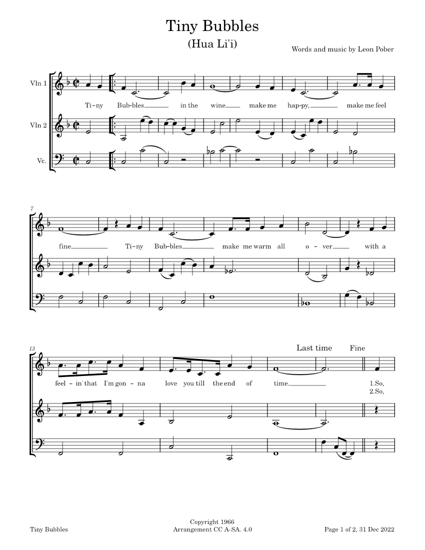Tiny Bubbles -- Leon Pober Sheet music for Violin, Cello (String Trio ...