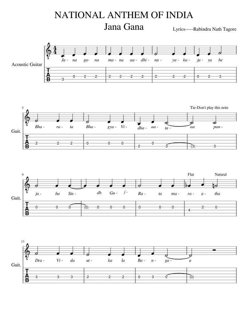 NATIONAL ANTHEM OF INDIA - JANA GANA MANA Sheet Music and Tab for Guitar (Solo) | MuseScore.com