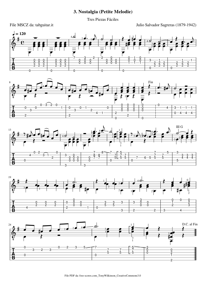 Sagreras - op 19 - N° 3 Nostalgia Sheet Music and Tab for Guitar (Solo ...