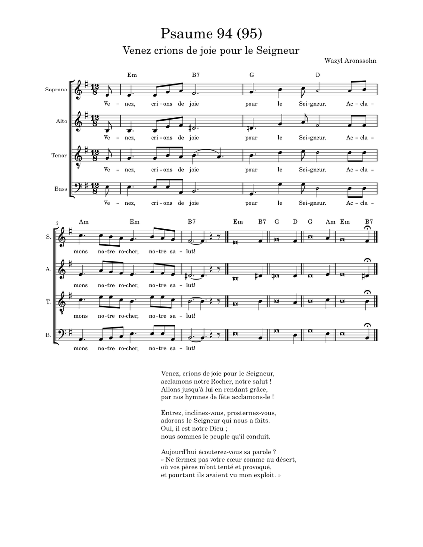 Psaume 94 Venez crions de joie pour le Seigneur – Wazyl Aronssohn Sheet ...