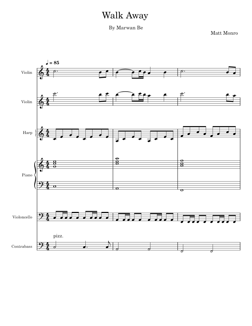 Walk away - Matt Monro Sheet Music for Piano, Violin, Cello, Harp ...