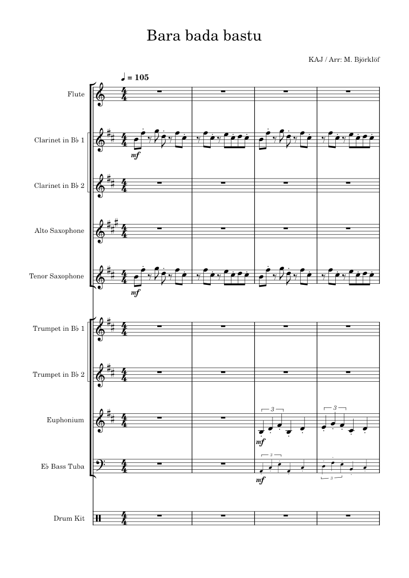 Bara Bada Bastu – KAJ (for Wind Band) Sheet Music for Tuba, Flute, Saxophone alto, Saxophone ...