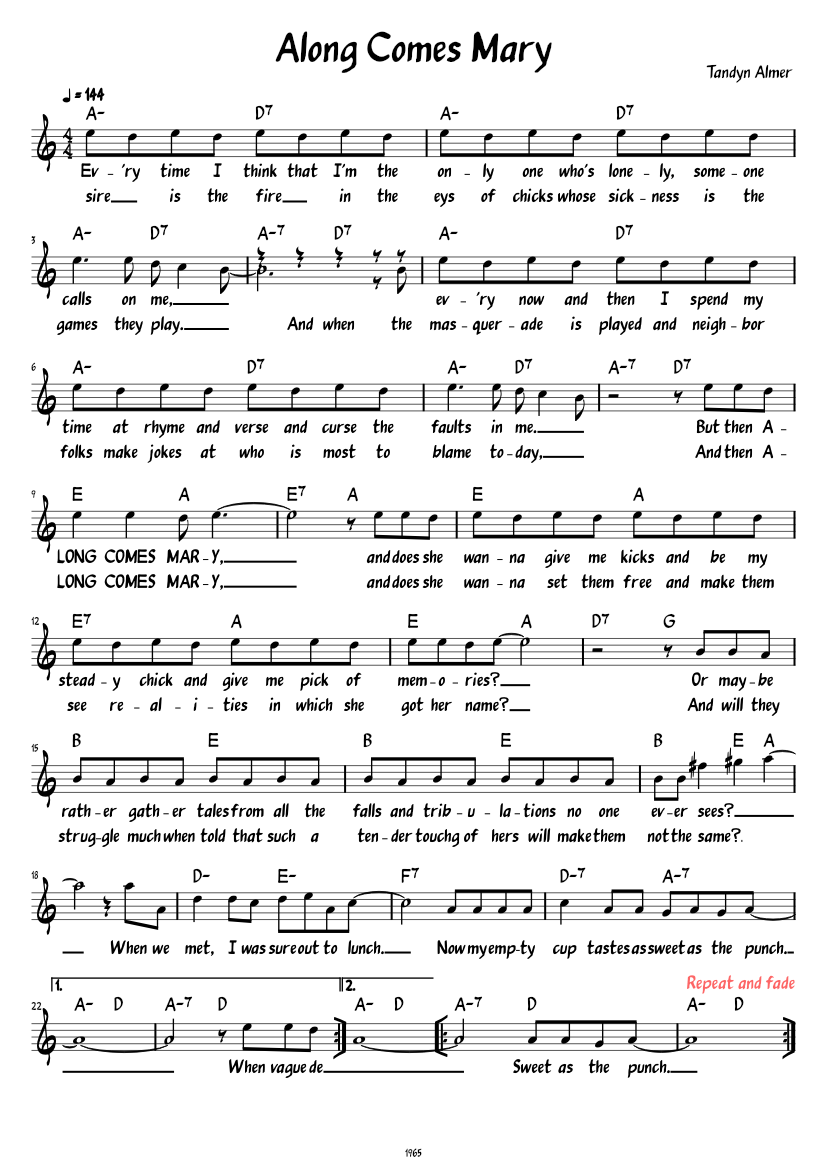 Along Comes Mary (Lead sheet with lyrics ) Sheet Music with Chords for Piano (Solo) Easy ...