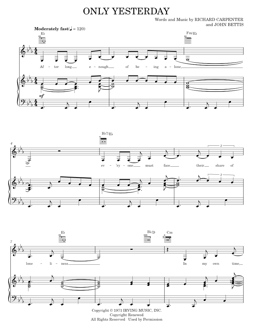 Play Official version of Only yesterday sheet music by Carpenters for ...