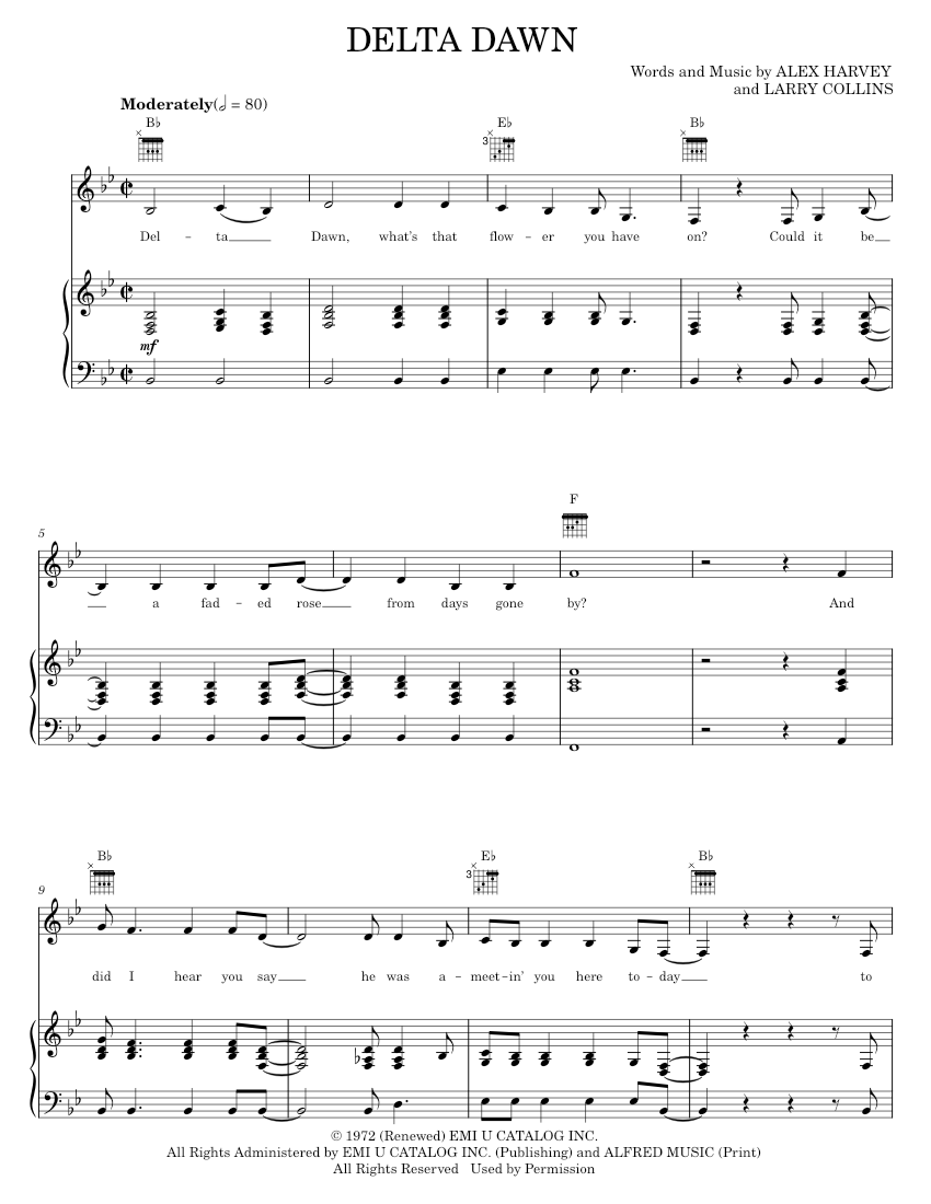 Play Official version of Delta Dawn sheet music by Helen Reddy, Tanya ...