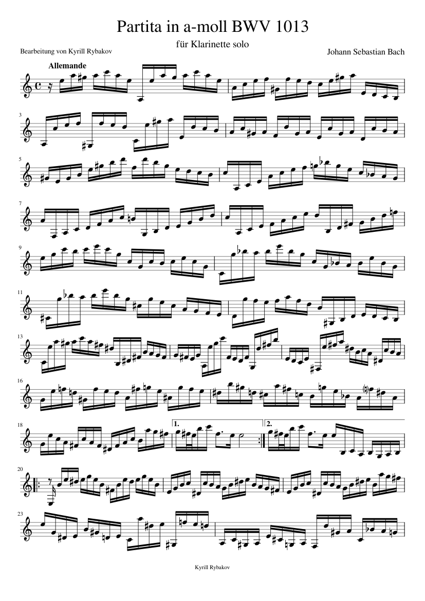 J.S.Bach Partita in a-moll BWV 1013 Sheet Music for Clarinet in b-flat ...