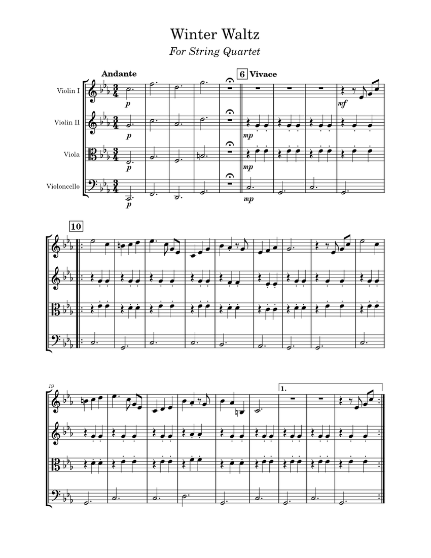 Winter Waltz Sheet music for Violin, Viola, Cello (String Quartet ...
