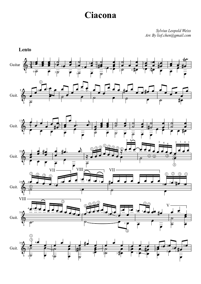 Ciacona Sheet Music for Guitar (Solo) | MuseScore.com