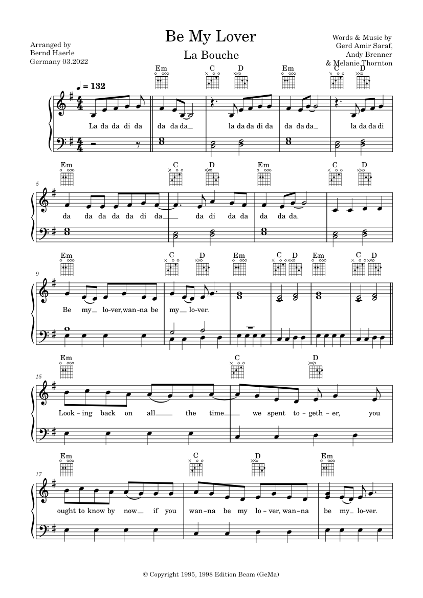 Be my lover – La Bouche Sheet Music with Chords for Piano (Solo) Easy ...