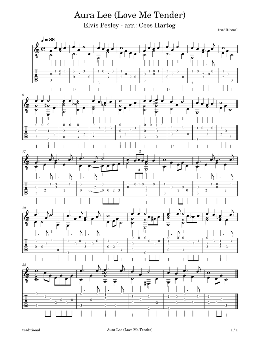Aura Lee Love Me Tender Elvis Misc Traditional Sheet Music For 7214
