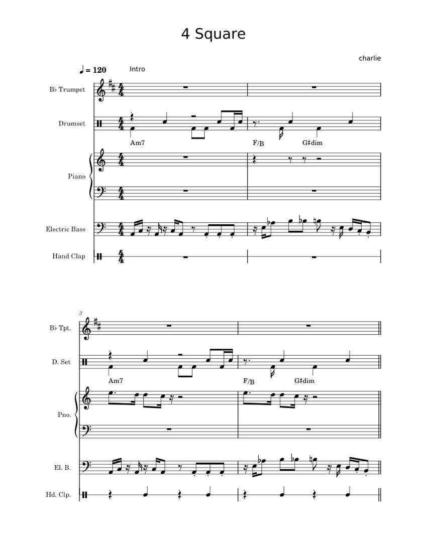 4 Square Sheet music for Piano, Trumpet in b-flat, Bass guitar, Drum ...