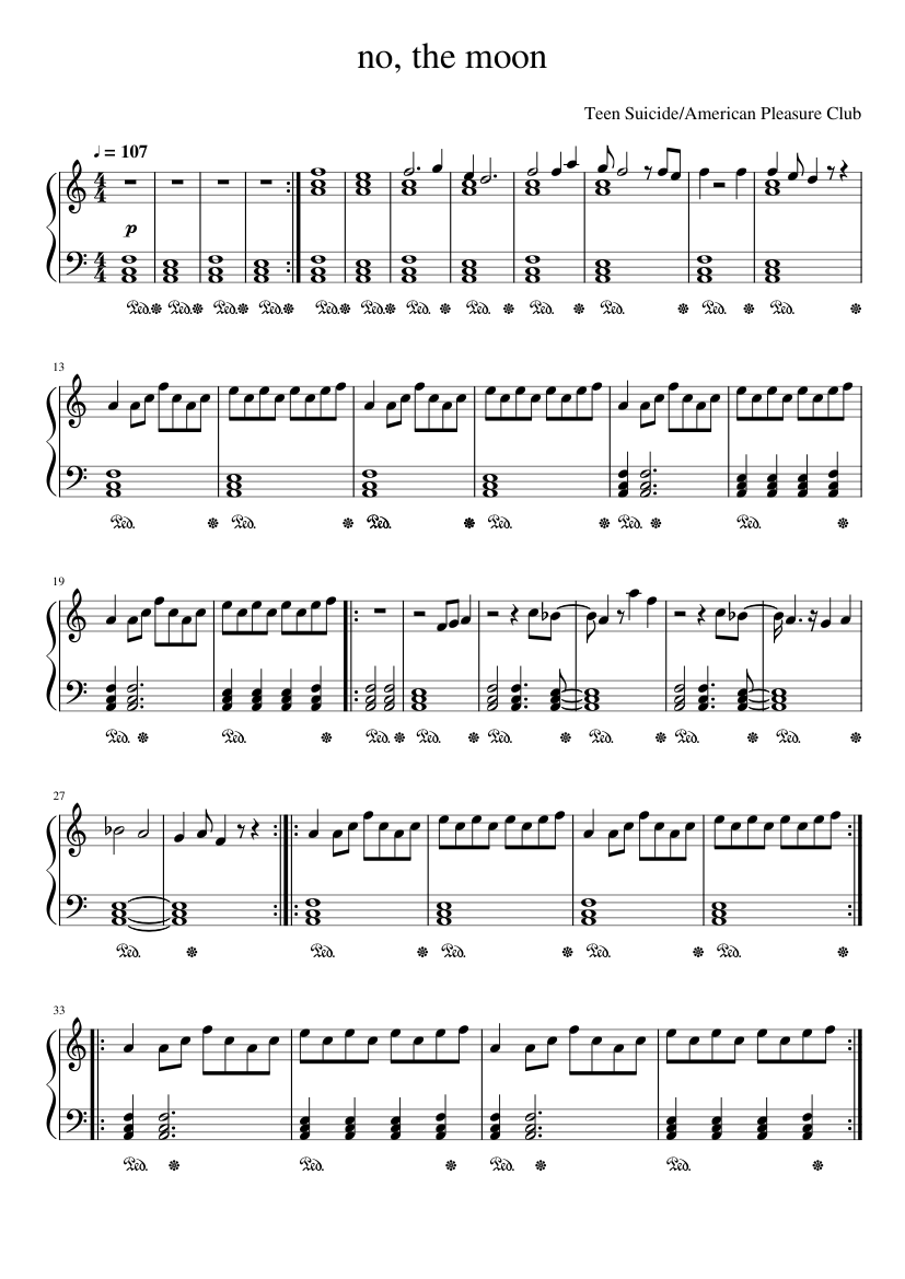 Teen Suicide - no, the moon Sheet Music for Piano (Solo) easy ...