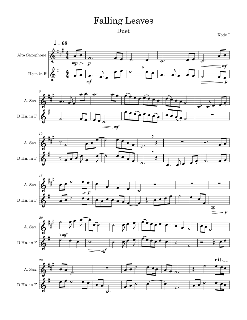 Falling leaves Sheet music for Saxophone alto, French horn (Mixed Duet ...