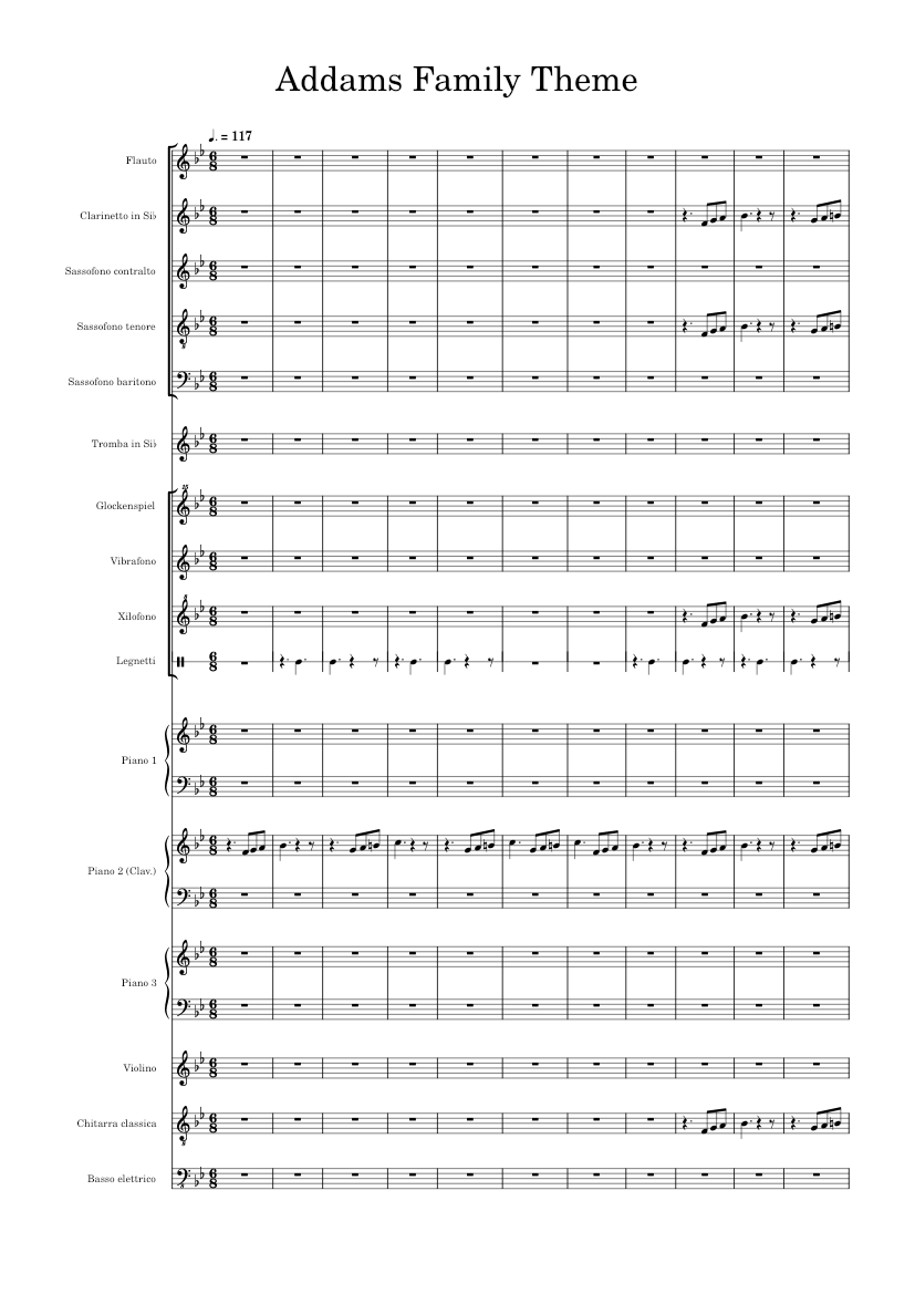 Addams Family Theme Sheet Music for Piano, Flute, Clarinet in b-flat ...