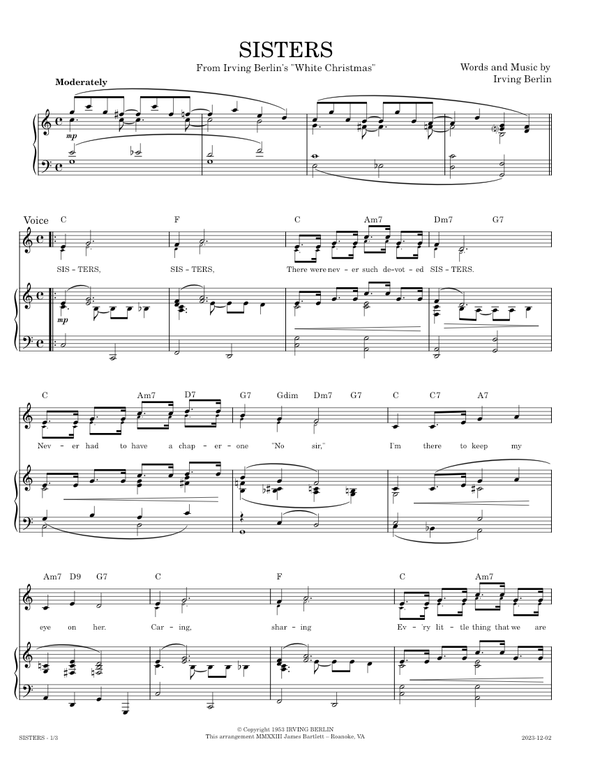 Sisters Sheet Music with Chords for Piano, Synthesizer (Mixed Duet ...
