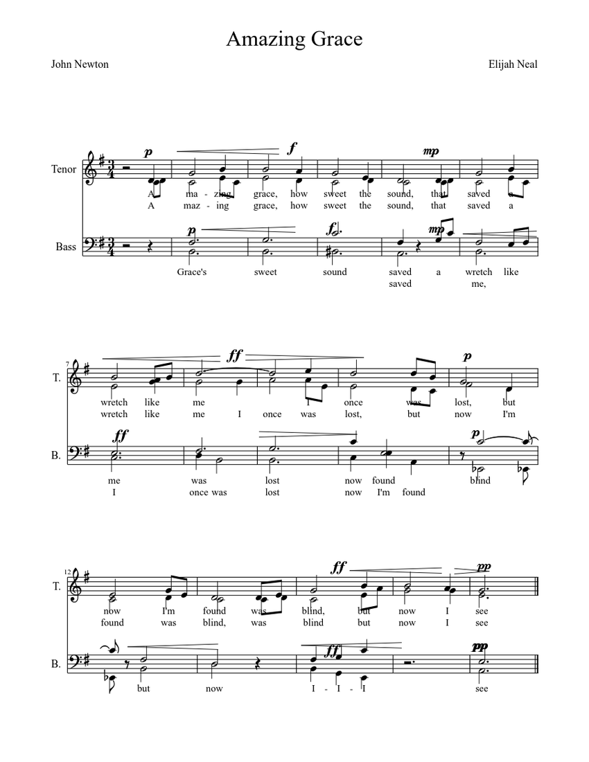 Amazing Grace Sheet music for Bass (Solo) | Download and print in PDF ...