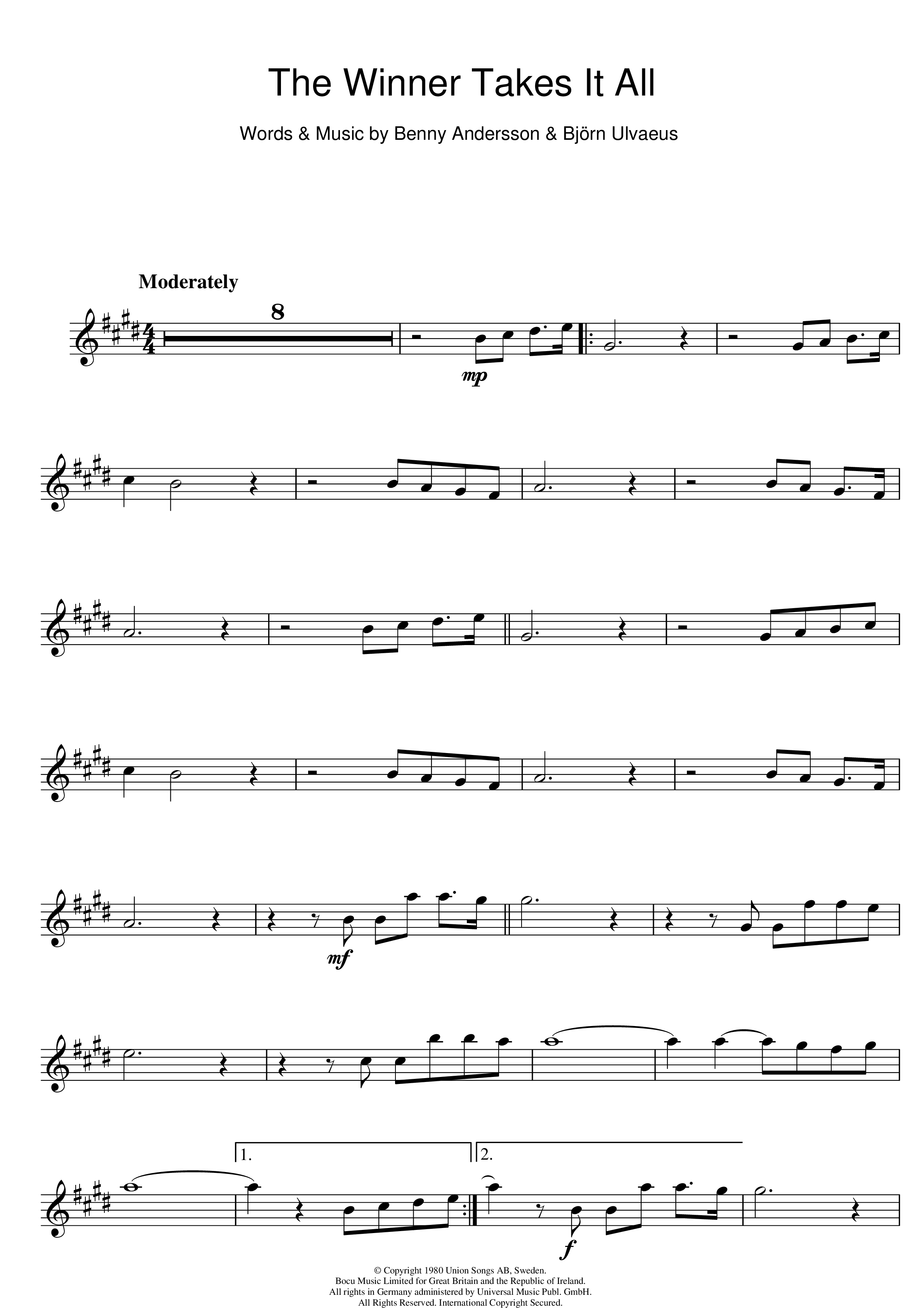 Play Official version of The winner takes it all Sheet Music by ABBA ...