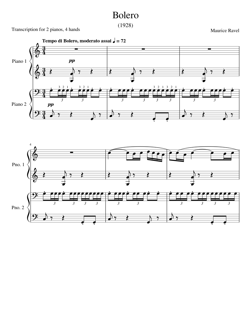 Maurice Ravel - Bolero (piano duet) Sheet Music for Piano (Piano Duo ...