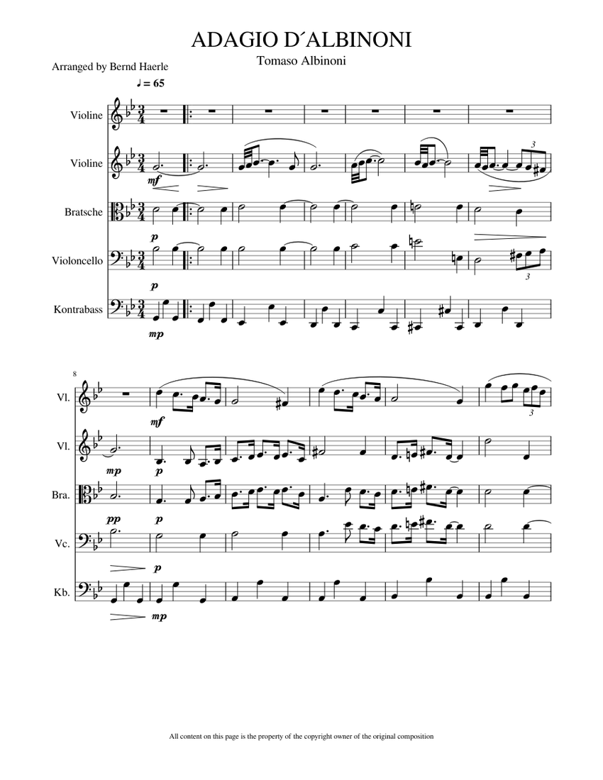 ADAGIO D ALBINONI Sheet music for Contrabass, Violin, Viola, Cello (String Orchestra ...