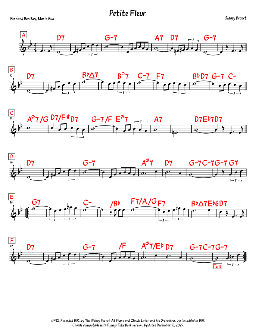 Petite Fleur – Sidney Bechet (Lead Sheet) Sheet Music for Piano (Solo ...