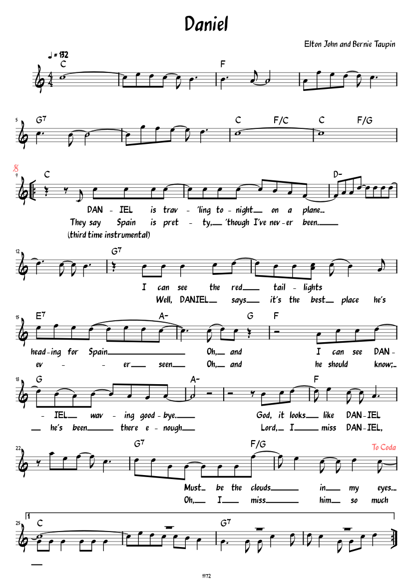 Daniel (Lead sheet with lyrics ) Sheet music for Piano (Solo) Easy ...