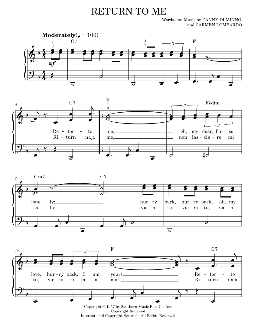 Play Official version of Return to me Sheet Music by Dean Martin for ...