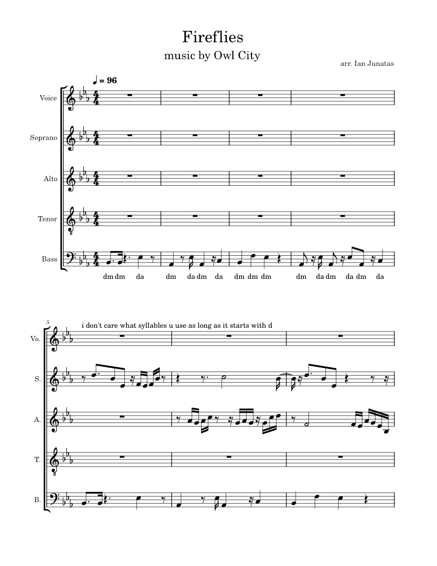 Fireflies Sheet music for Soprano, Alto, Tenor, Bass voice & more ...