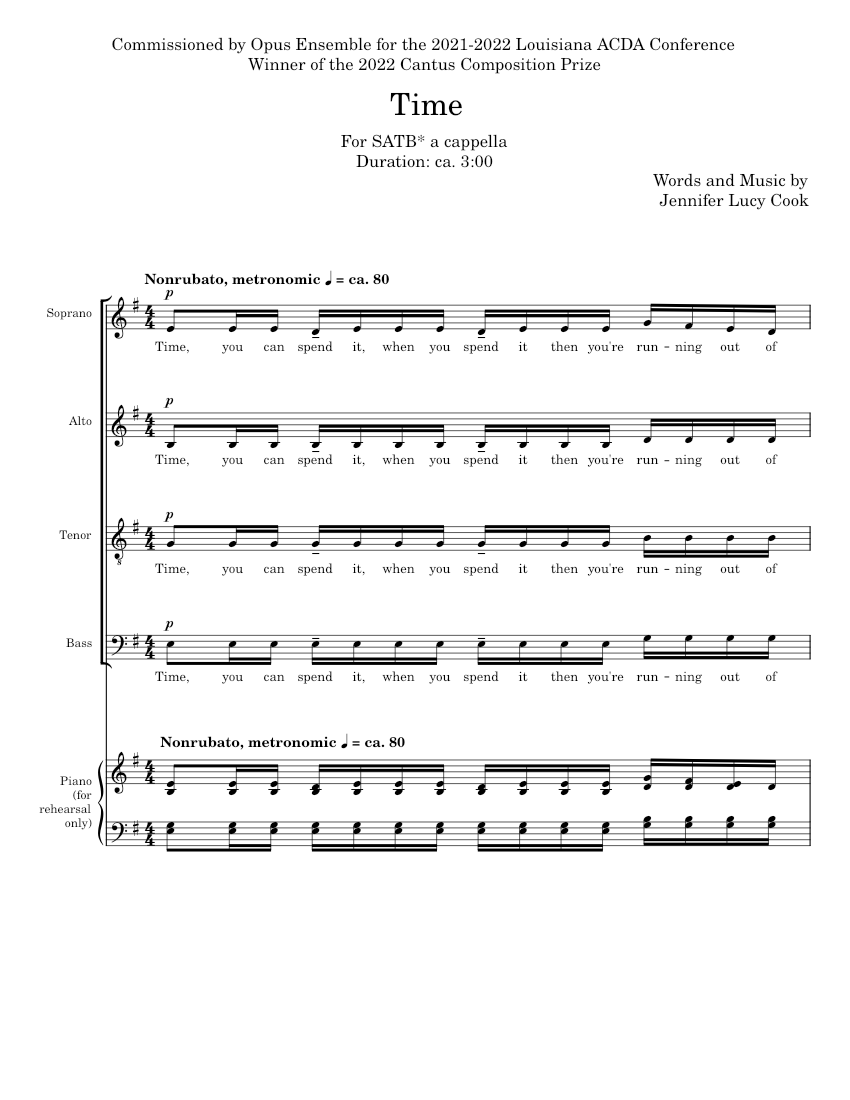Time - Jennifer Lucy Cook Sheet Music for Piano, Bass guitar, Drum ...