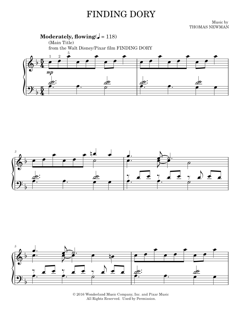 Finding Dory (Main Title) Sheet music for Piano by Thomas Newman ...