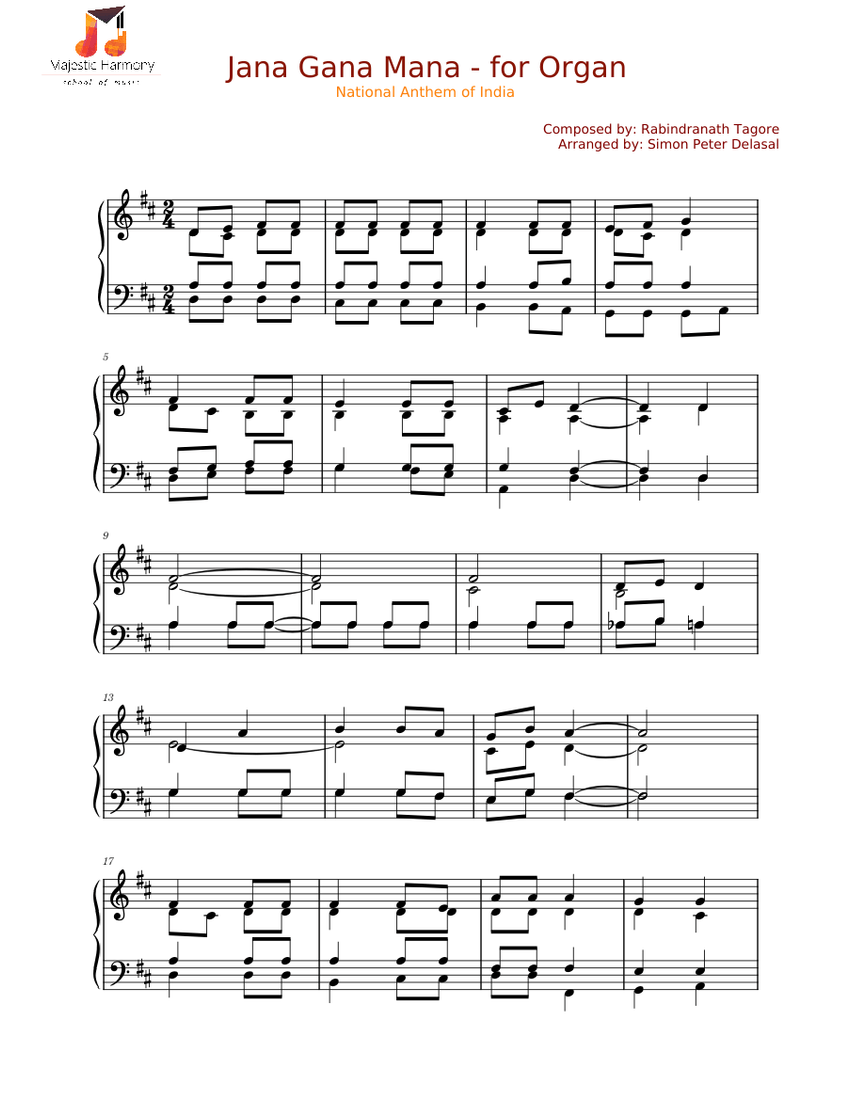 Jana Gana Mana – Rabindranath Tagore Jana Gana Mana for Organ– Rabindranath Tagore Sheet music ...