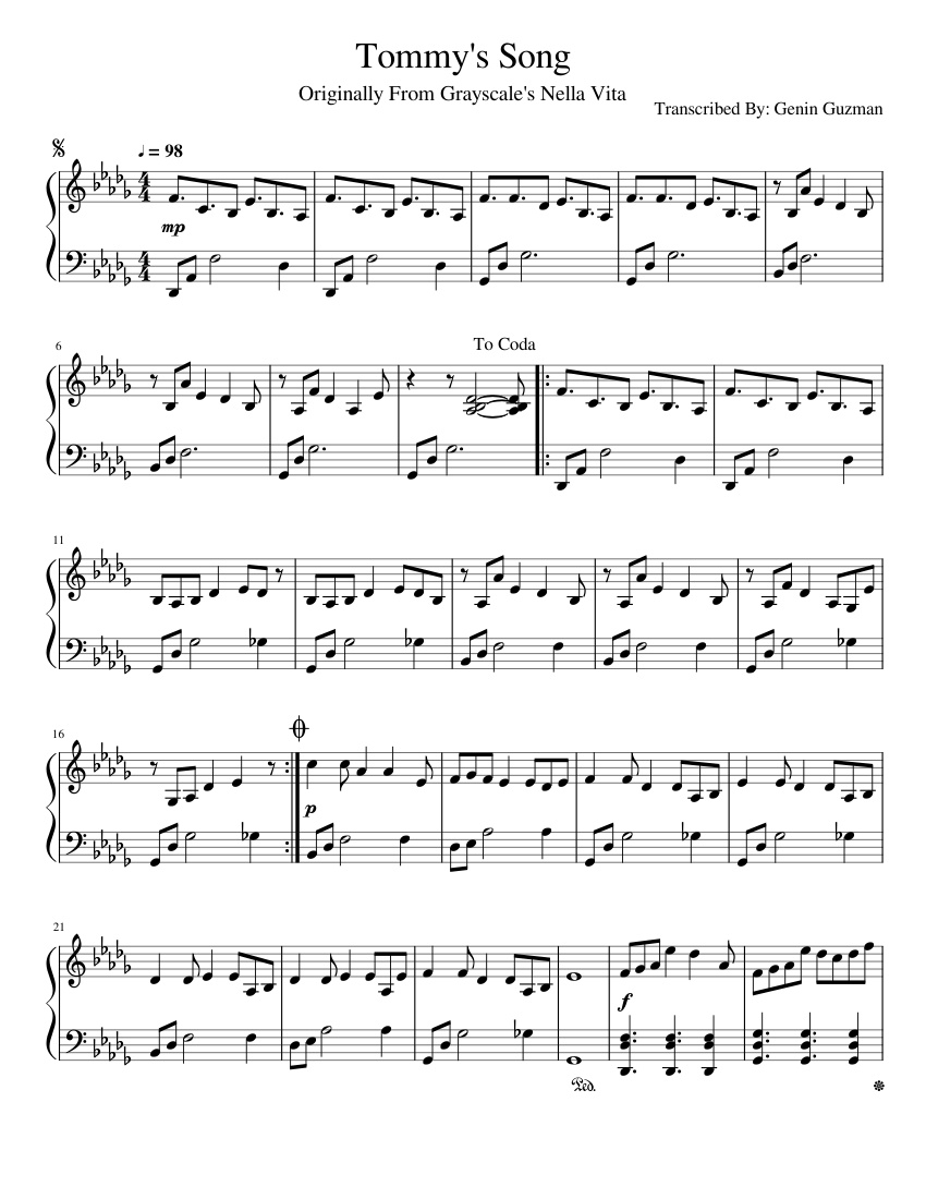 Tommy's Song - Grayscale Sheet music for Piano (Solo) Easy | Musescore.com