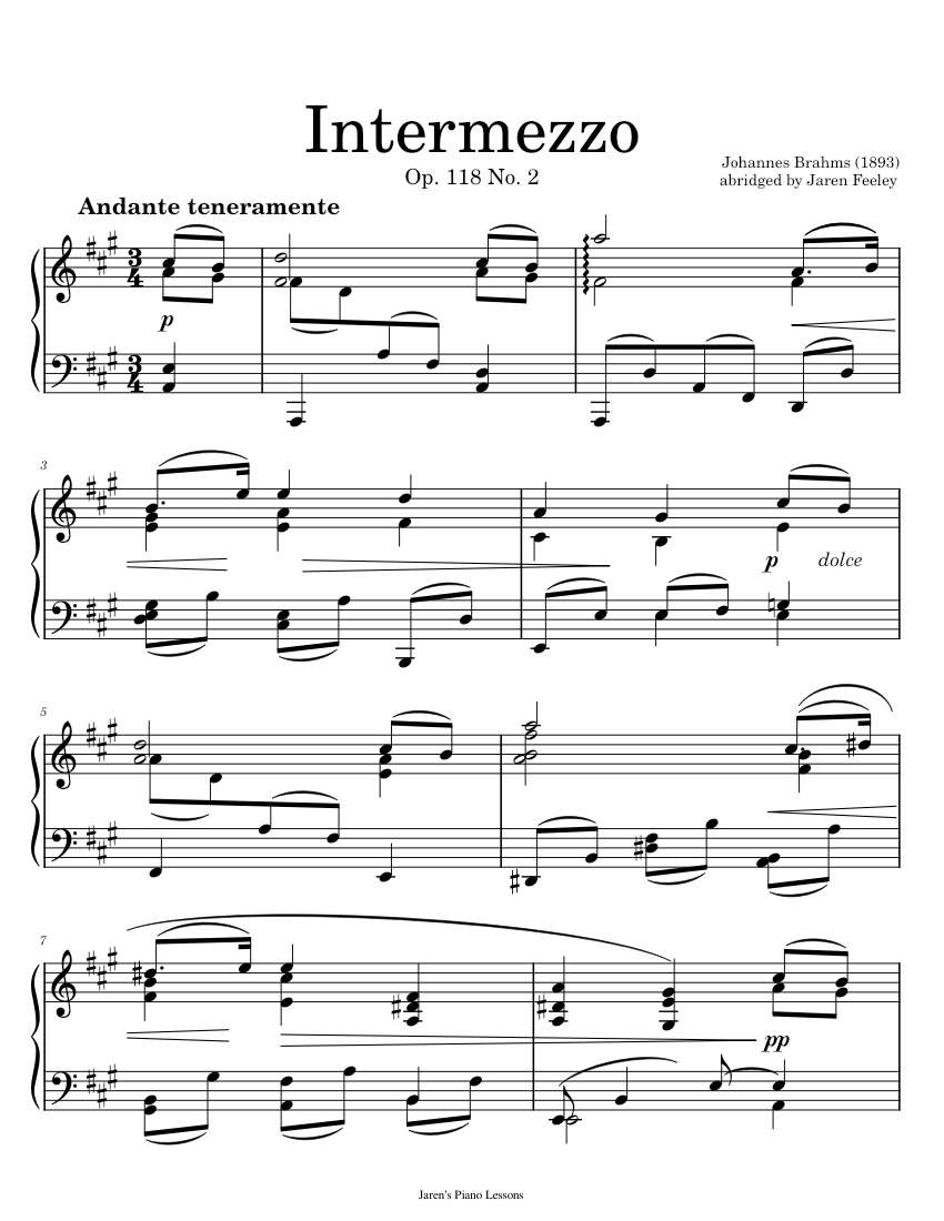 Intermezzo Op. 118 No. 2 in A Major (abridged) Sheet Music for Piano ...