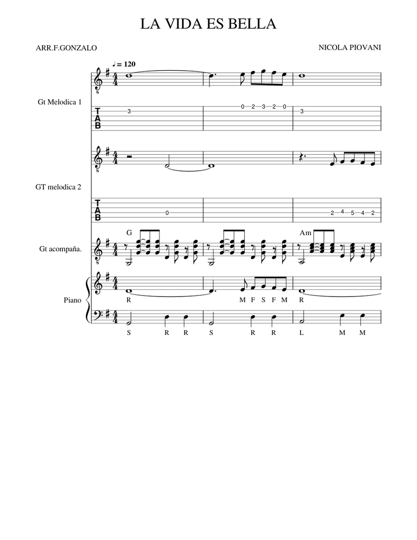 LA VIDA ES BELLA Sheet music for Piano, Guitar (Mixed Quartet ...