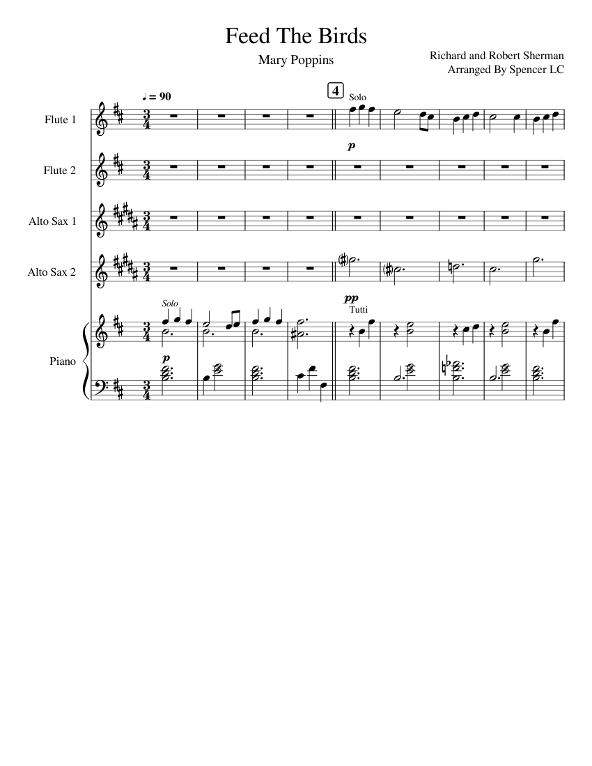 Mary Poppins - Feed The Birds Sheet music for Piano, Flute, Saxophone ...