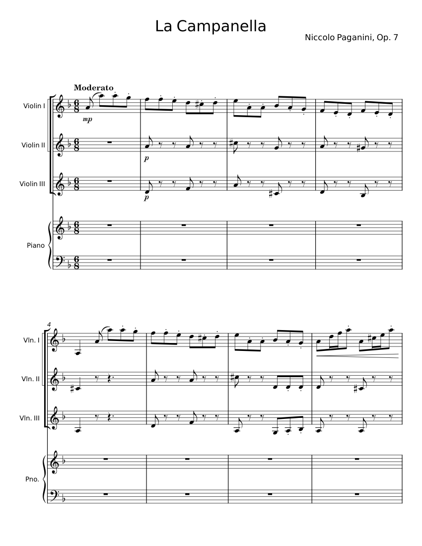 La Campanella - Niccolo Paganini/Franz Liszt Sheet Music for Piano, Violin (Mixed Quartet ...